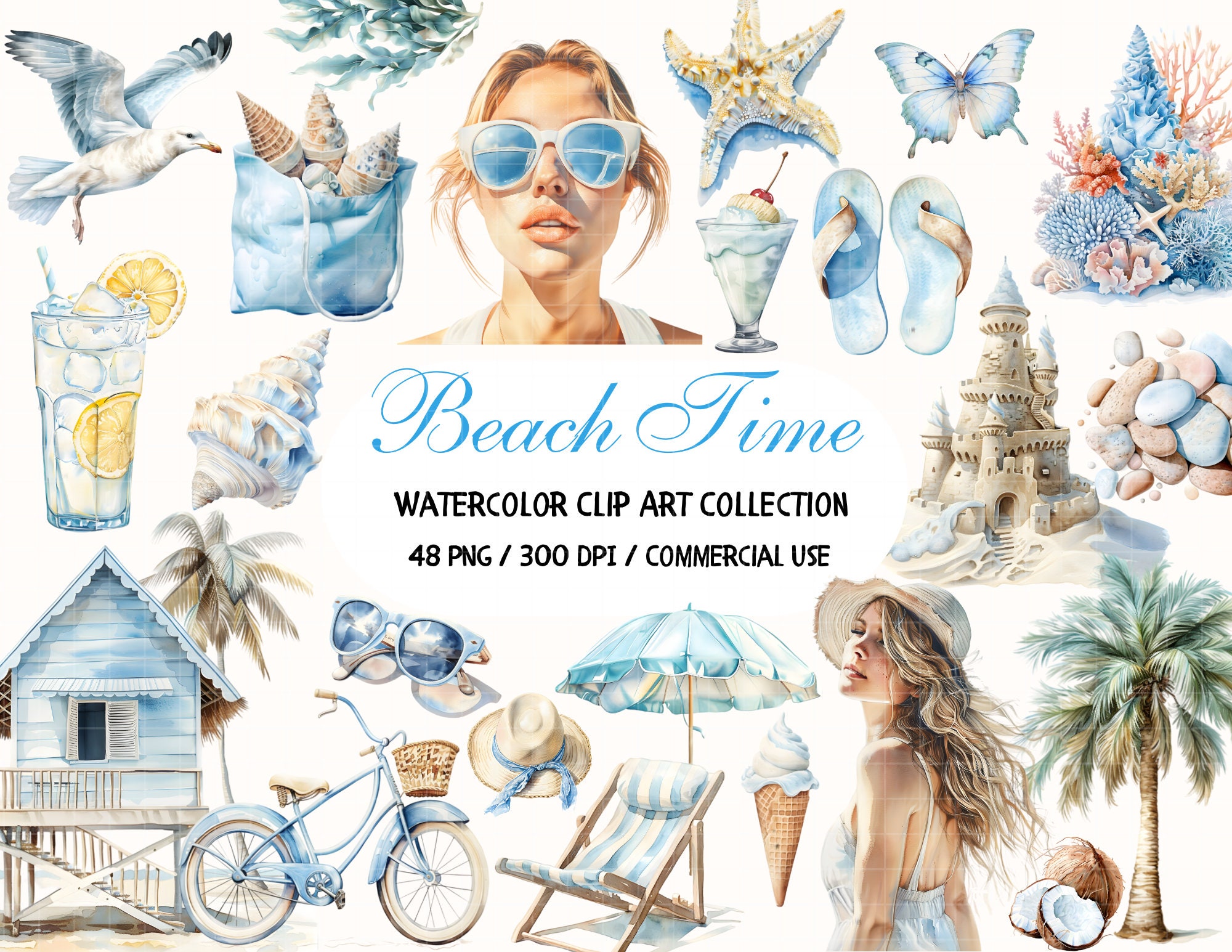 Watercolor Summer Clipart, Ocean Clipart, Beach Holiday Clipart, Beach ...