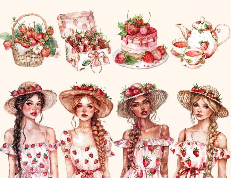 Watercolor Strawberry Clipart, Girl With Strawberry PNG, Strawberry ...