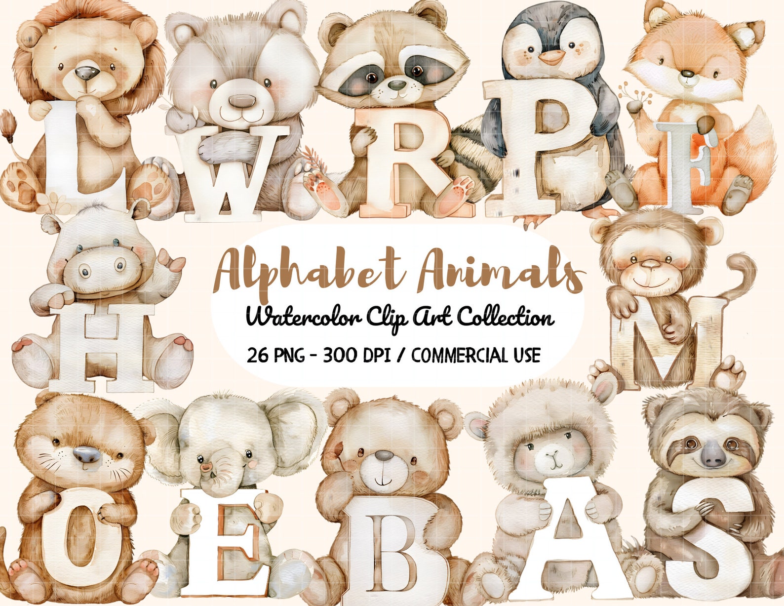Aquarell Alphabet Tier Clipart, Alphabet Buchstabe Clipart ...