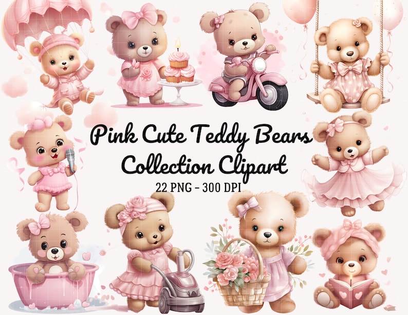 Cute Baby Girl Teddy Bear Clipart Bundle Pink Cute Bear PNG Teddy Baby ...