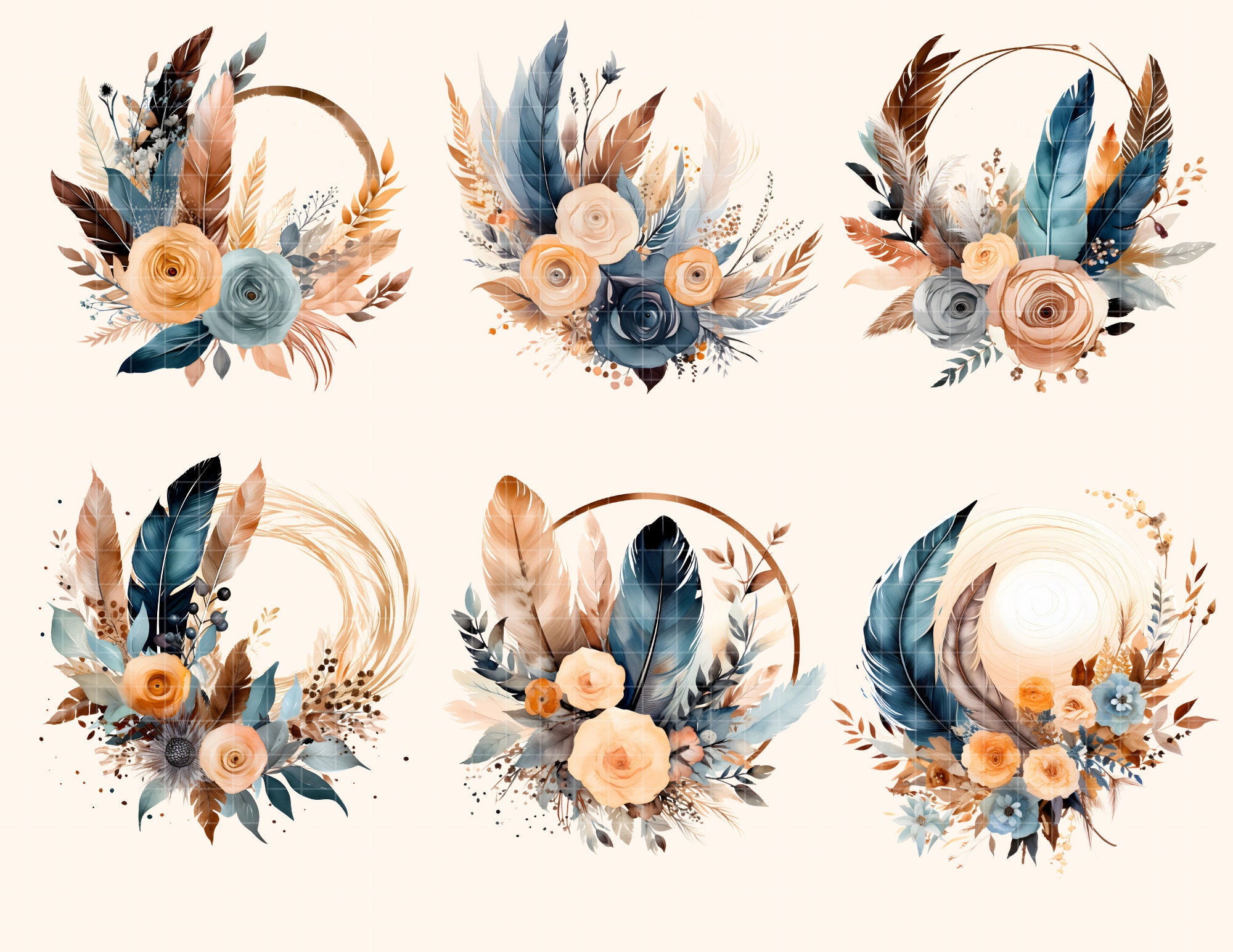 Boho Floral Clipart, Watercolor Boho Flowers Clipart, Boho Roses PNG ...