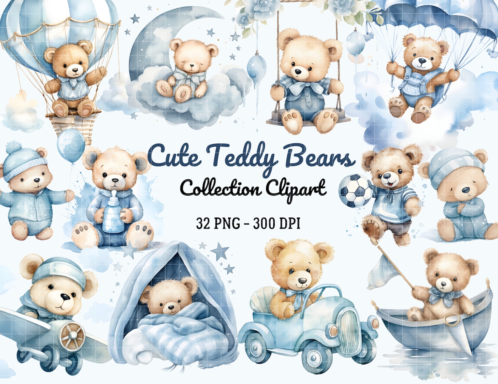 Blue Teddy Bear Clipart, Baby Shower Clip Art, Sleepy Teddy Bears, Cute ...