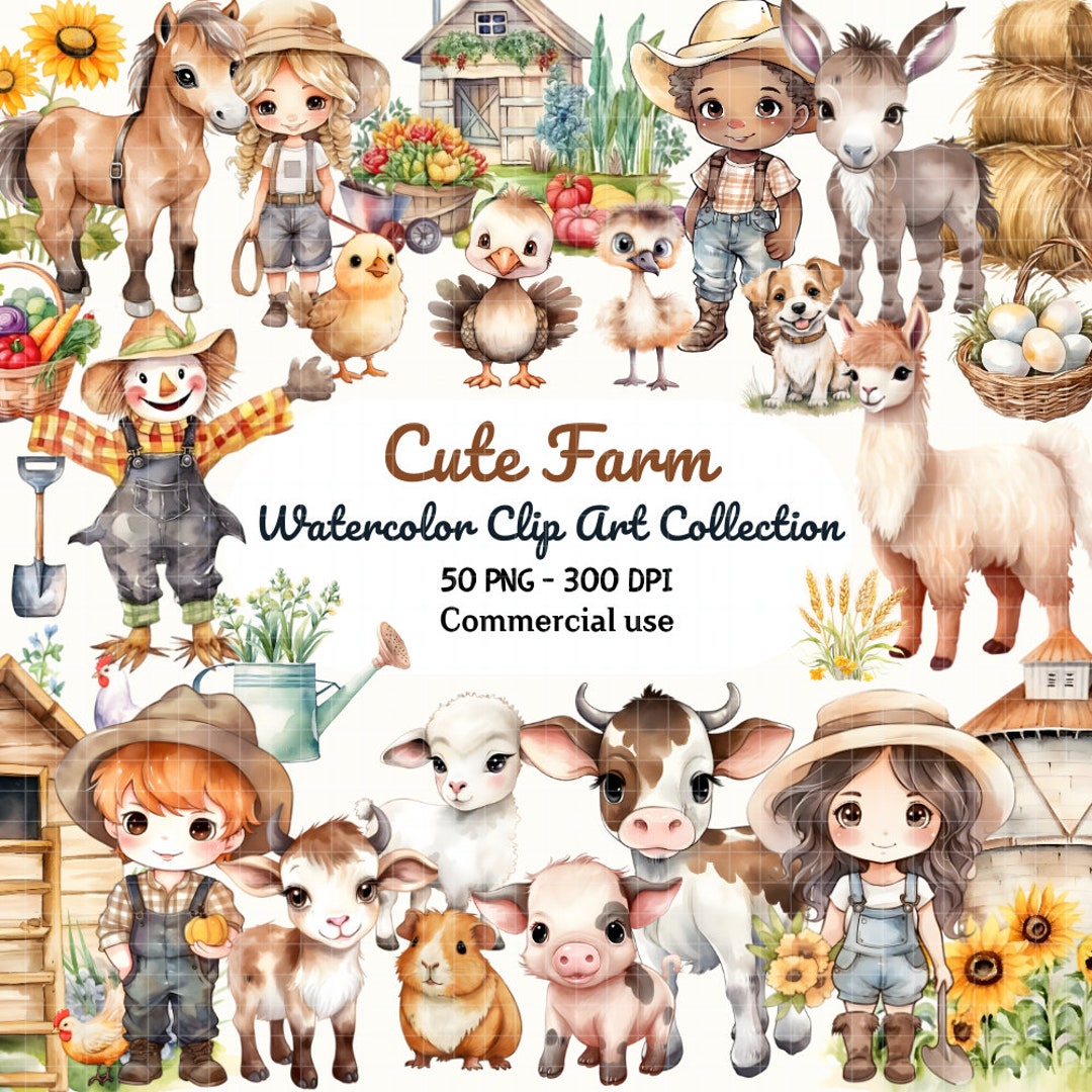 Cute Farm Clipart, Farm Animals Watercolor, Farm Baby Animals, Little ...