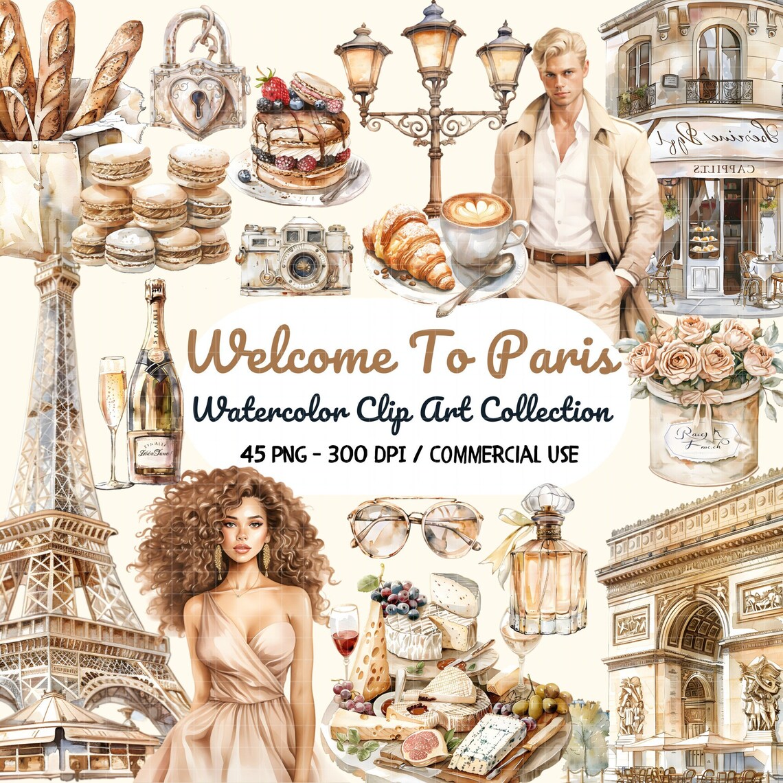 Watercolor Paris Clipart Bundle, Croissant, Romantic Paris PNG, Travel ...