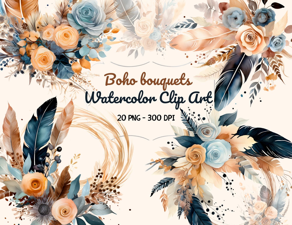 Boho Floral Clipart, Watercolor Boho Flowers Clipart, Boho Roses PNG ...