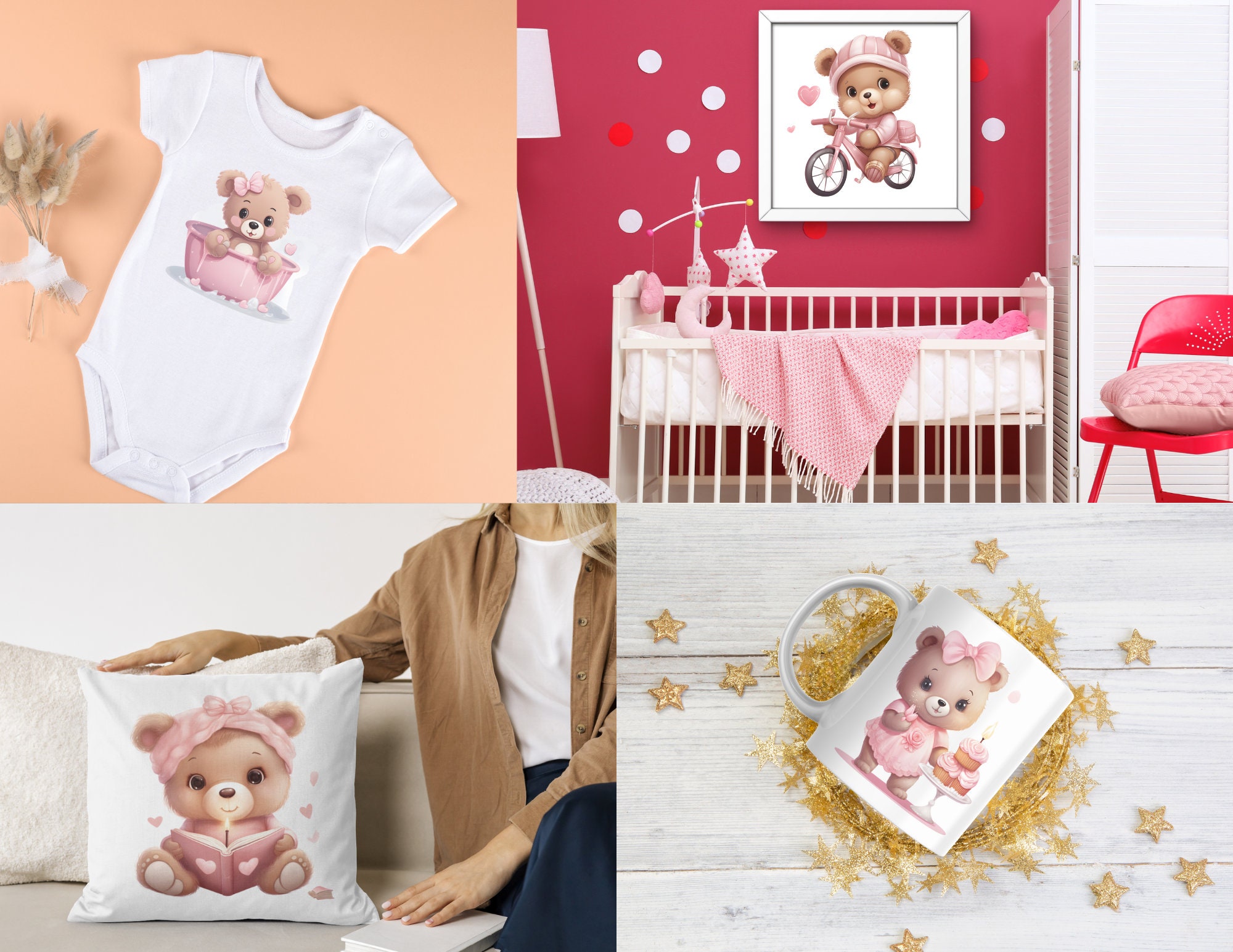 Cute Baby Girl Teddy Bear Clipart Bundle Pink Cute Bear PNG Teddy Baby ...
