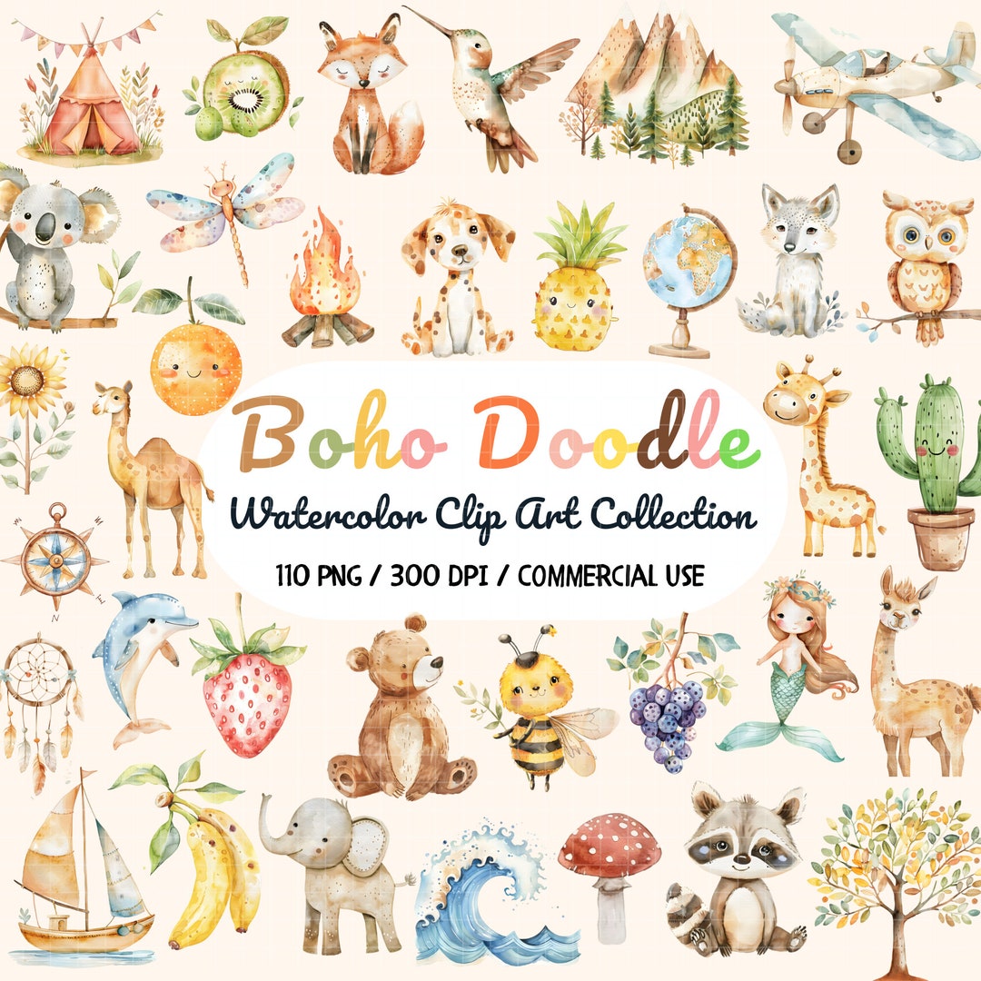 Boho Baby Watercolor Clipart, Cute Boho Doodle Clipart Bundle, Nursery ...