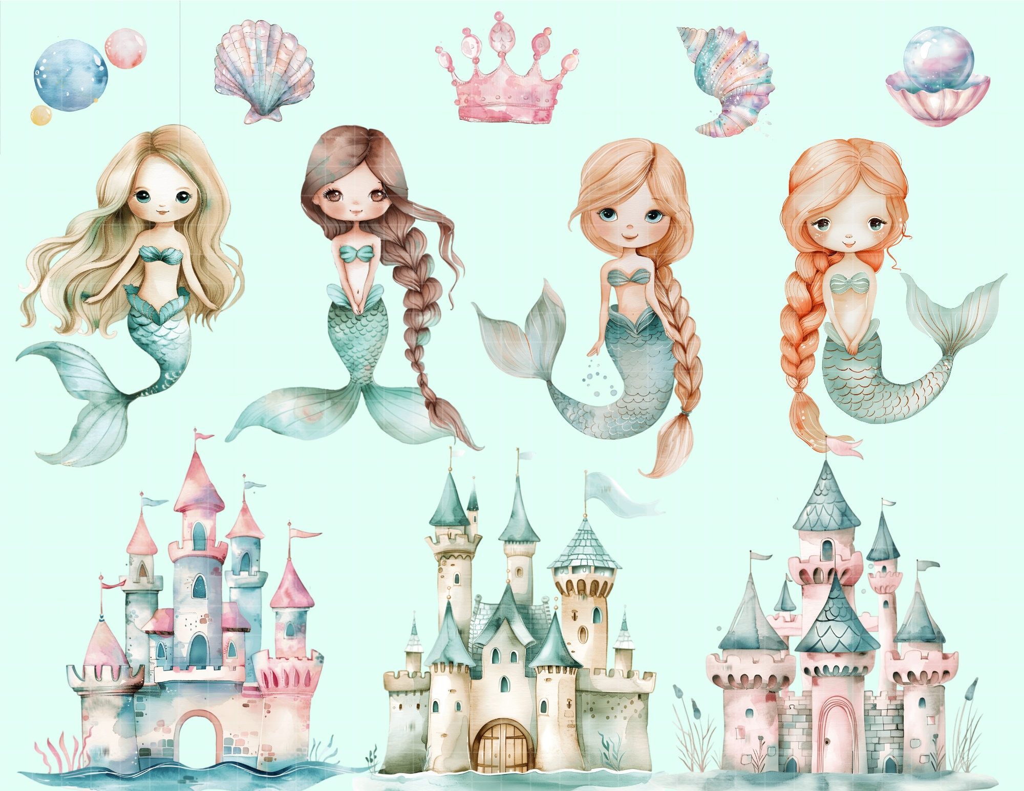 Watercolor Little Mermaid Clipart, Little Sea Babies, Under Sea Clipart ...