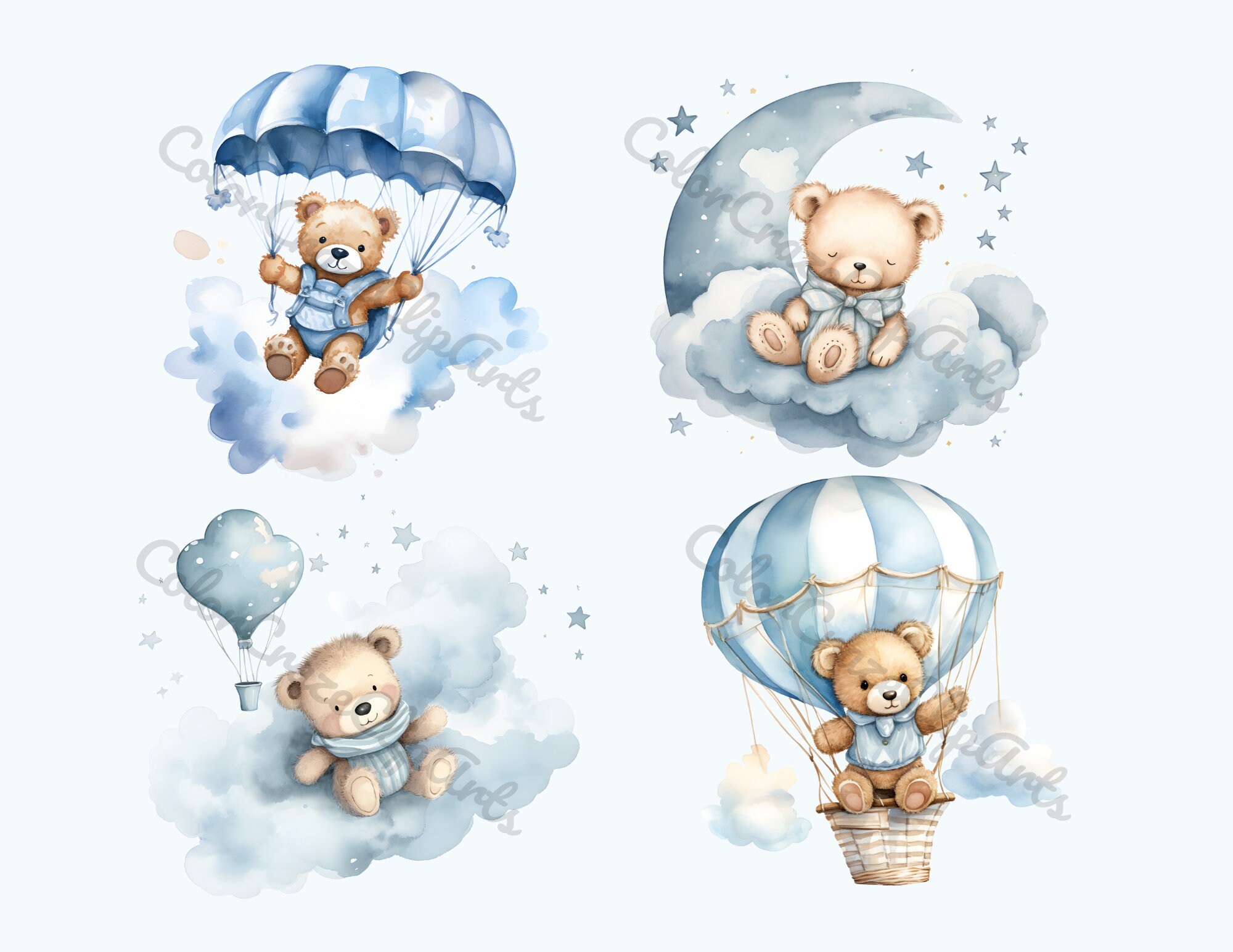 Blue Teddy Bear Clipart, Baby Shower Clip Art, Sleepy Teddy Bears, Cute ...