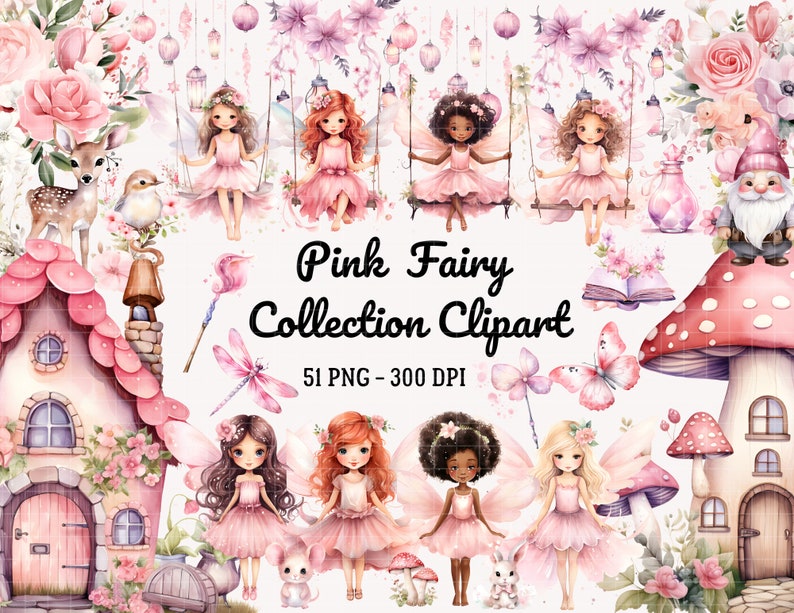 Pink Fairy Clipart, Magical Fairy and Pink Flower Clipart, Fantasy ...