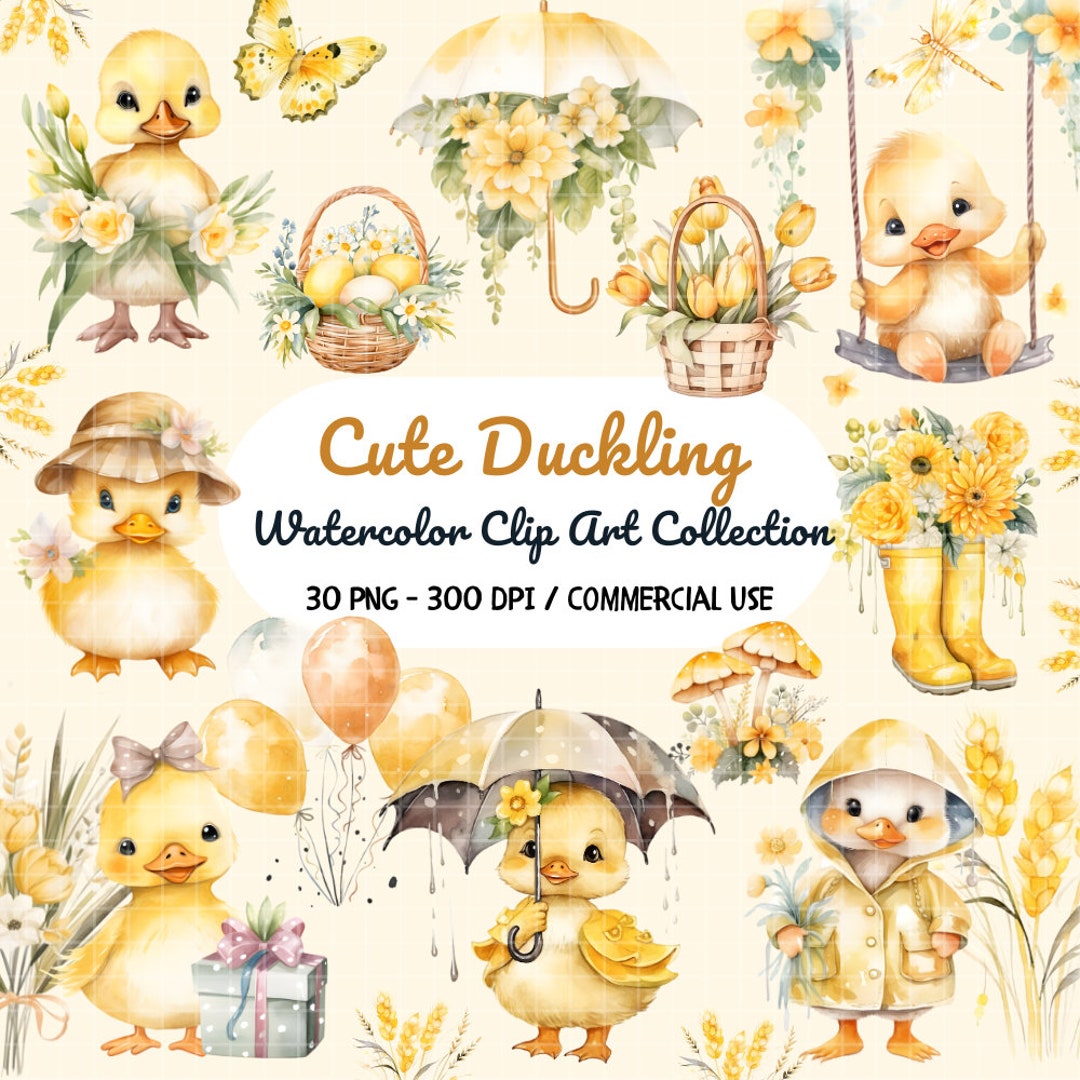 Watercolor Duckling Clipart Bundle, Cute Duckling PNG, Duckling Digital ...