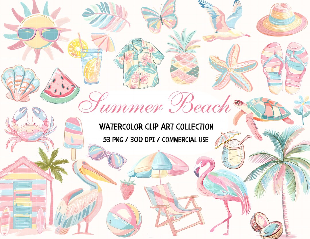 Watercolor Summer Beach Clipart, Sunny Beach Day Clipart, Summer ...