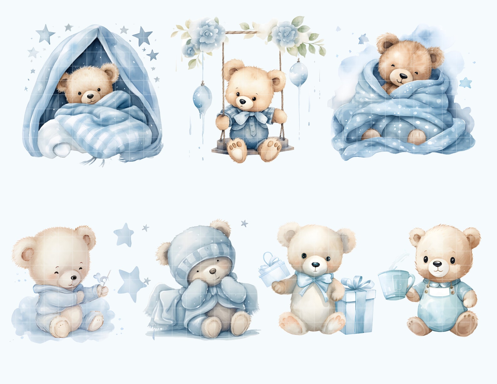Blue Teddy Bear Clipart, Baby Shower Clip Art, Sleepy Teddy Bears, Cute ...