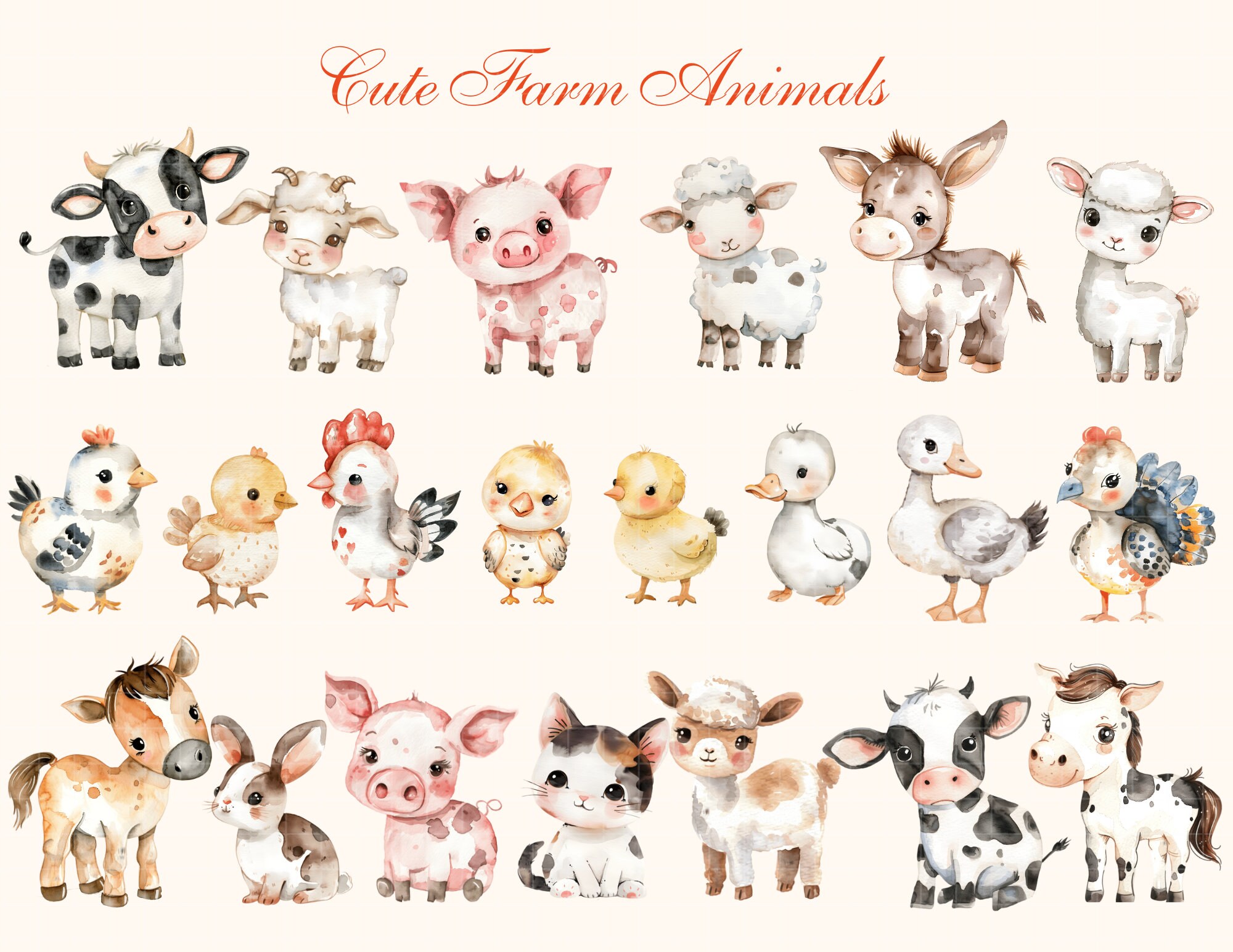 Cute Farm Clipart, Farm Animals Watercolor, Farm Baby Animals, Farm ...