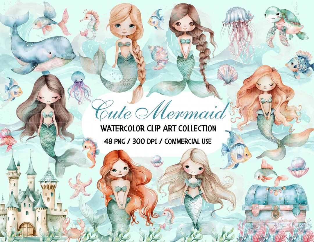 Watercolor Little Mermaid Clipart, Little Sea Babies, Under Sea Clipart ...