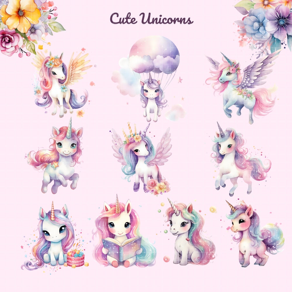 Watercolor Cute Unicorn Clipart Bundle, Watercolor Unicorn PNG, Cute ...