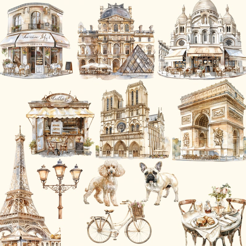 Watercolor Paris Clipart Bundle, Croissant, Romantic Paris PNG, Travel ...