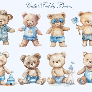 Watercolor Summer Blue Teddy Bear Clipart, Beach Baby Bear Clipart ...