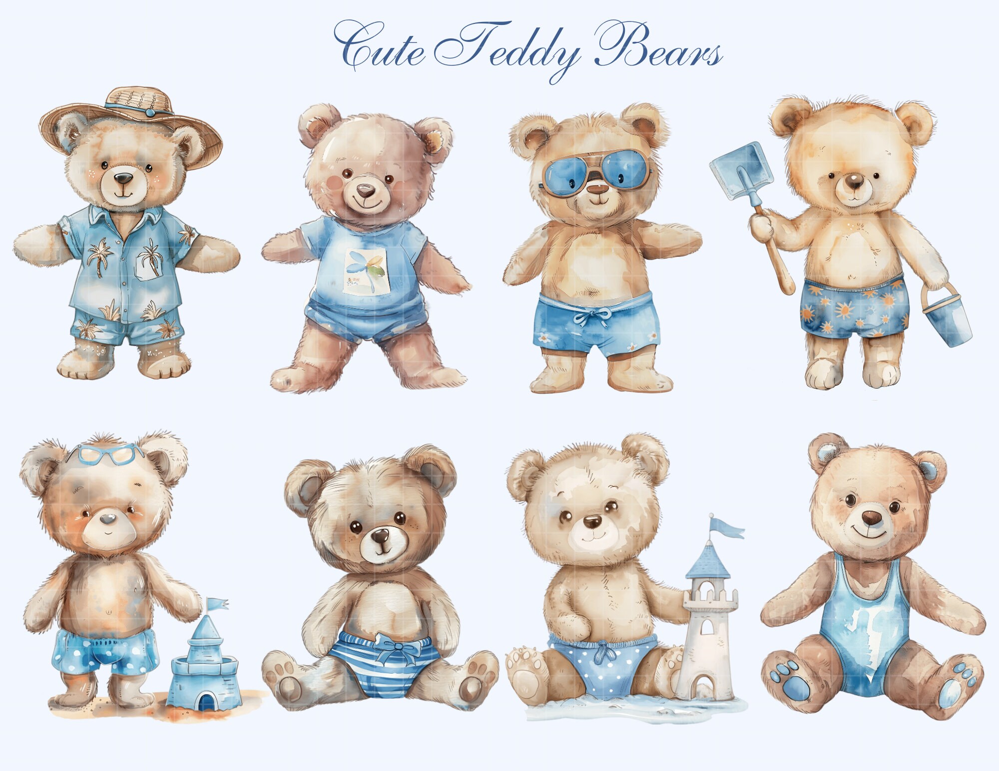 Watercolor Summer Blue Teddy Bear Clipart, Beach Baby Bear Clipart ...