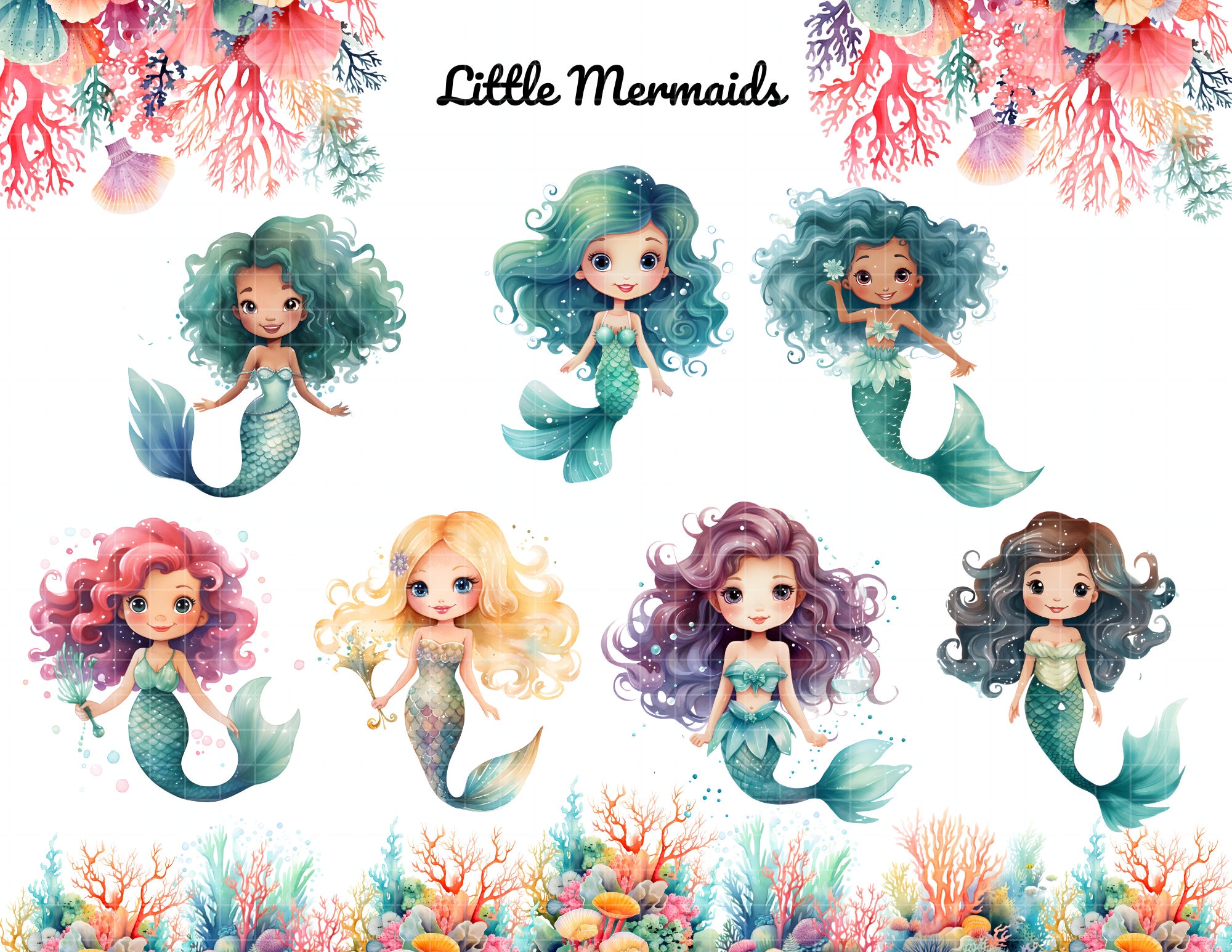 Watercolor Cute Mermaid Clipart Png, Little Mermaid Clipart Bundle ...