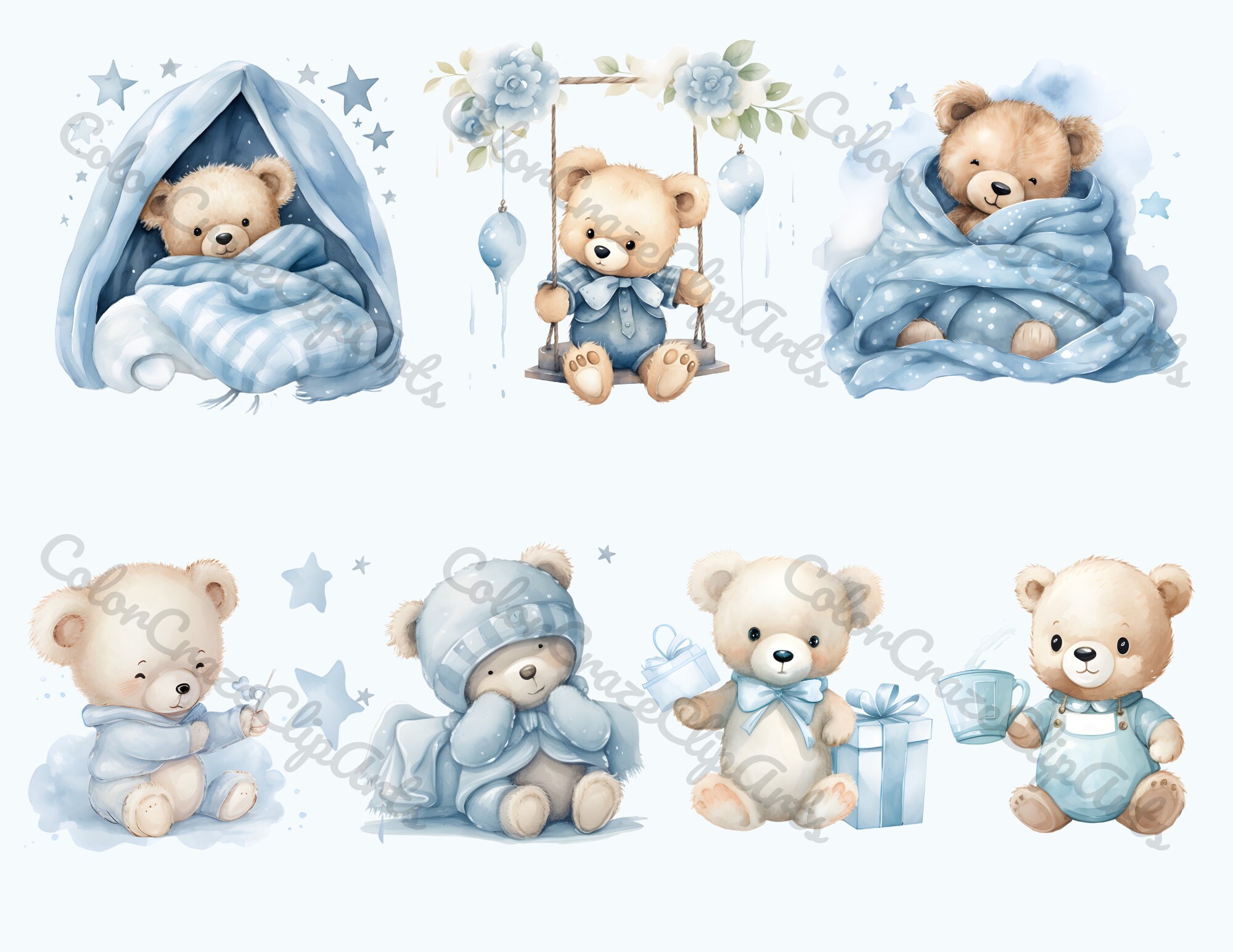 Blue Teddy Bear Clipart, Baby Shower Clip Art, Sleepy Teddy Bears, Cute ...