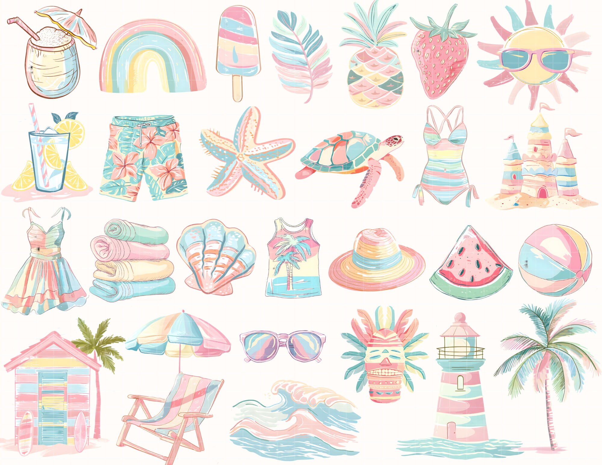 Watercolor Summer Beach Clipart, Sunny Beach Day Clipart, Summer ...