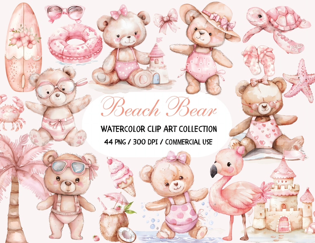 Watercolor Summer Pink Teddy Bear Clipart, Beach Baby Bear Clipart ...