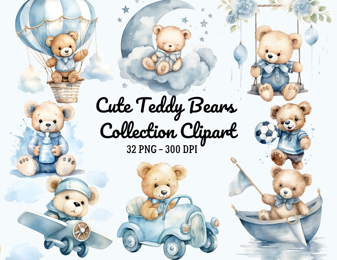 Blue Teddy Bear Clipart, Baby Shower Clip Art, Sleepy Teddy Bears, Cute Watercolor Teddy Bear ...