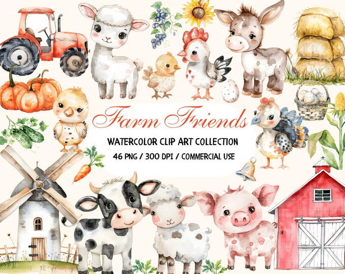 Watercolor Cute Farm Clipart, Farm Animals Nursery Sublimation, Farm ...