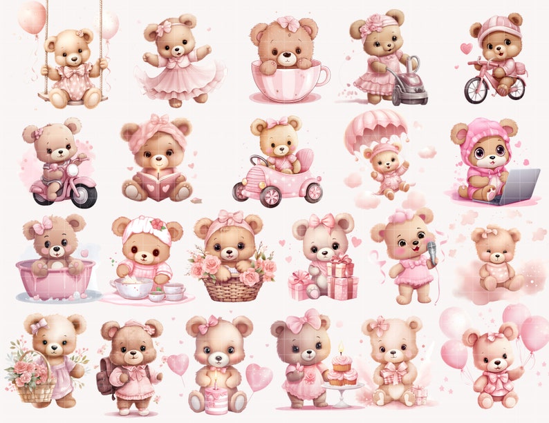 Cute Baby Girl Teddy Bear Clipart Bundle Pink Cute Bear PNG Teddy Baby ...