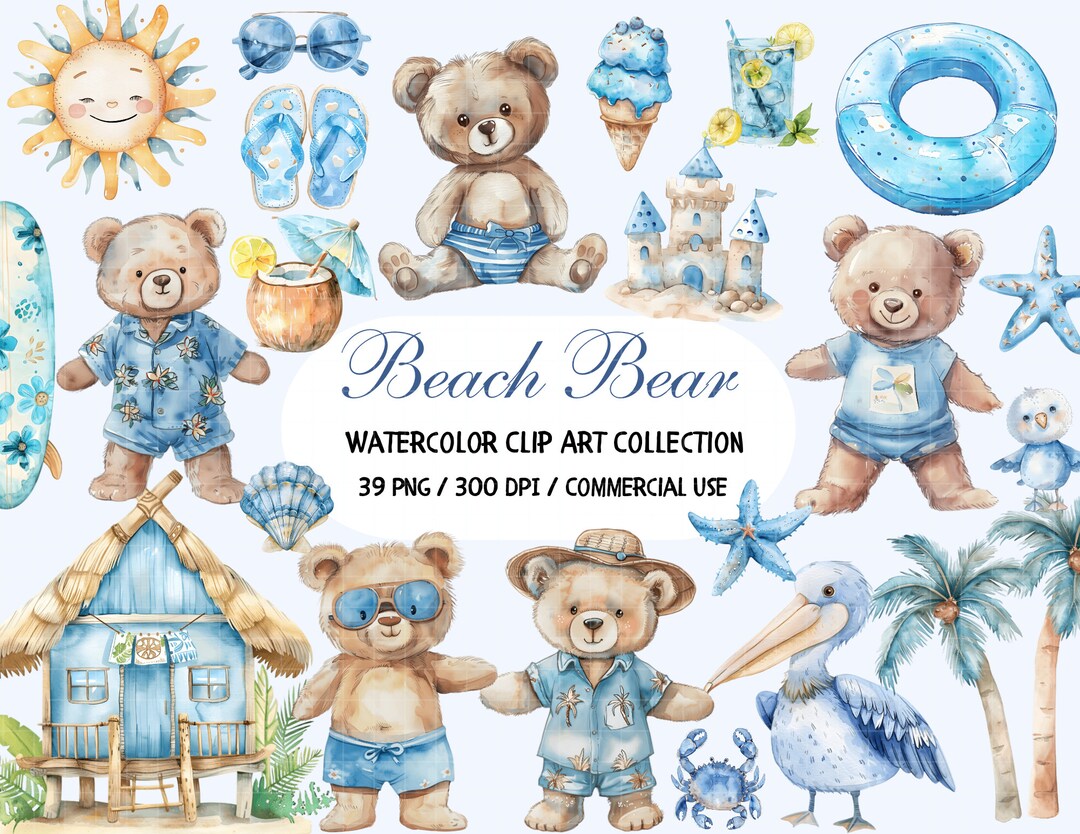 Watercolor Summer Blue Teddy Bear Clipart, Beach Baby Bear Clipart ...