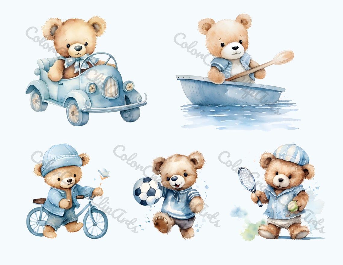 Blue Teddy Bear Clipart, Baby Shower Clip Art, Sleepy Teddy Bears, Cute ...