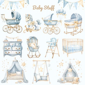 Neutral Baby Shower Clipart, Blue Baby Clip Art Bundle, Watercolor Baby ...