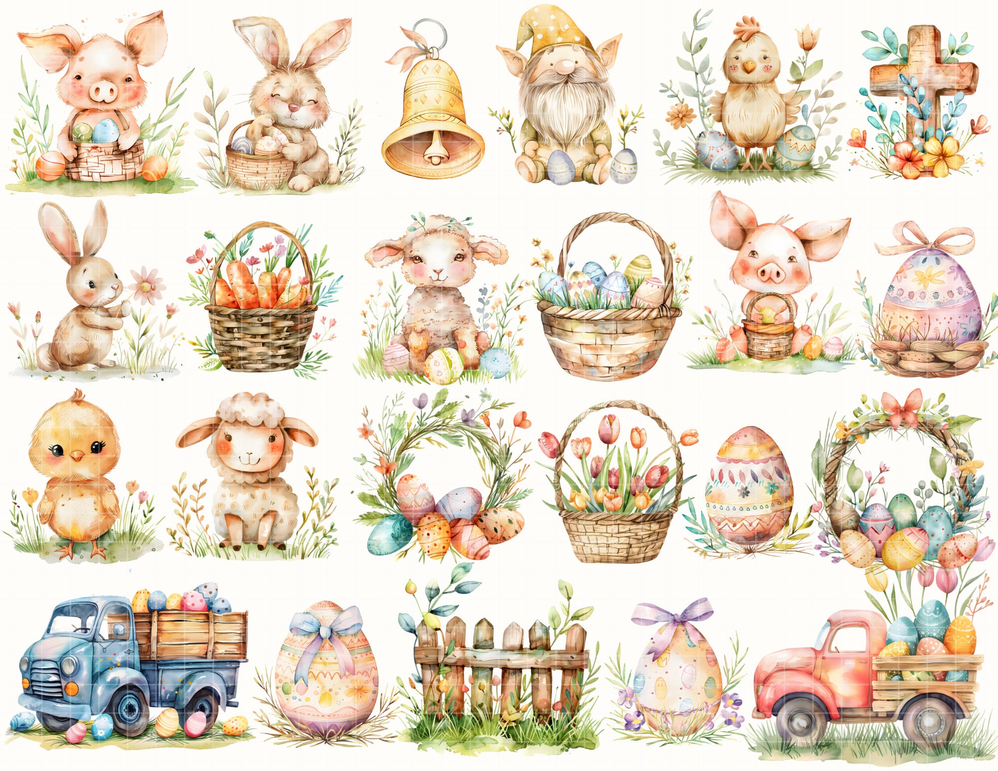 Cute Easter Clipart, Happy Easter Animal Clipart, Watercolor Easter ...