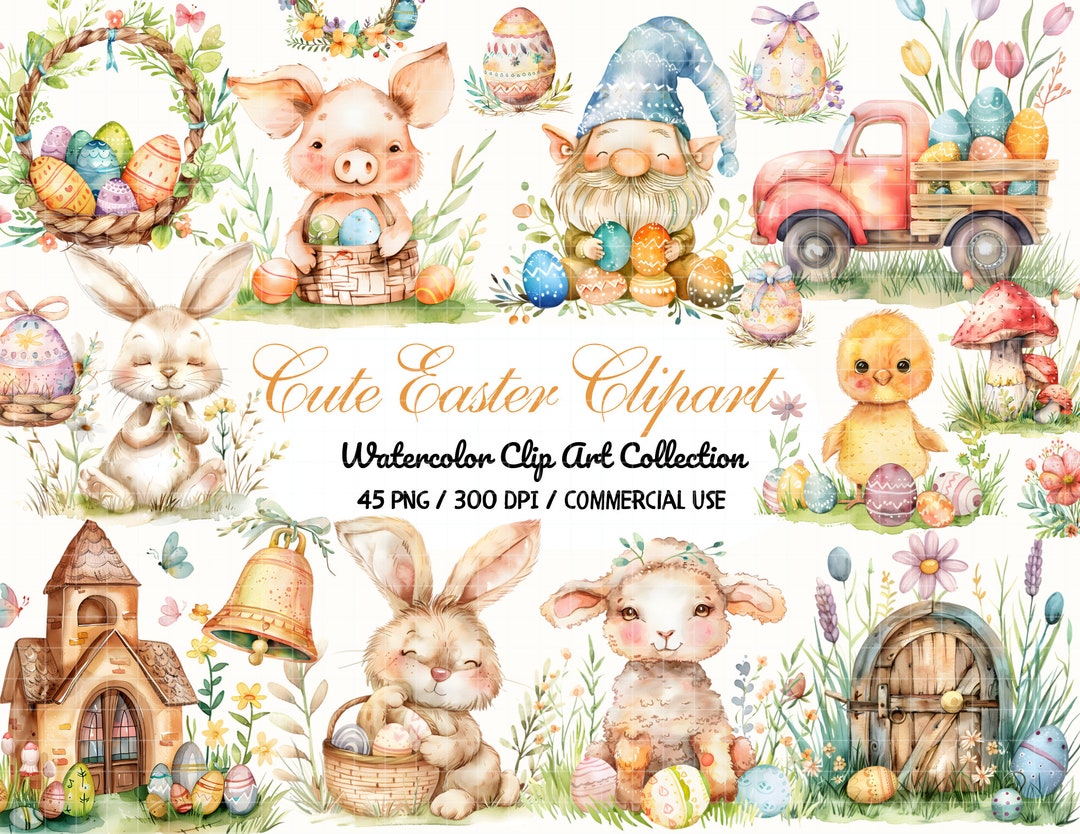 Cute Easter Clipart, Happy Easter Animal Clipart, Watercolor Easter ...