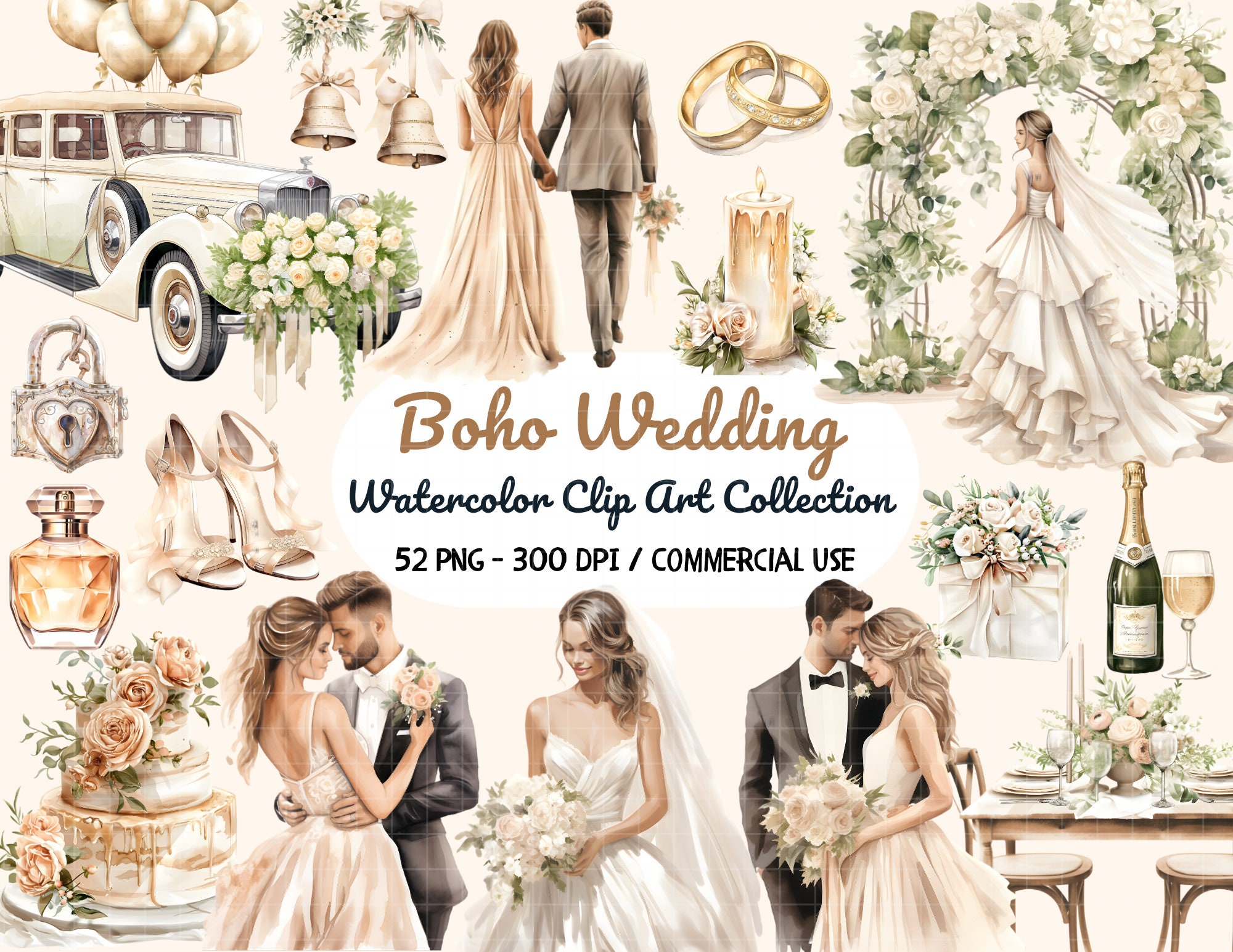 Boho Wedding Clipart, Wedding Day Graphic, Watercolor Wedding Clipart ...