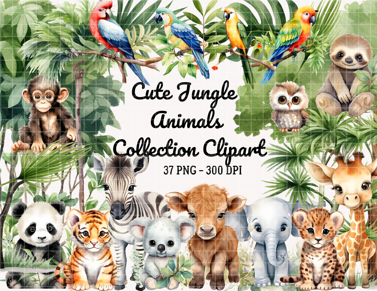 Cute Jungle Animals Clipart PNG, Baby Shower Clipart, Cute Baby Animals ...
