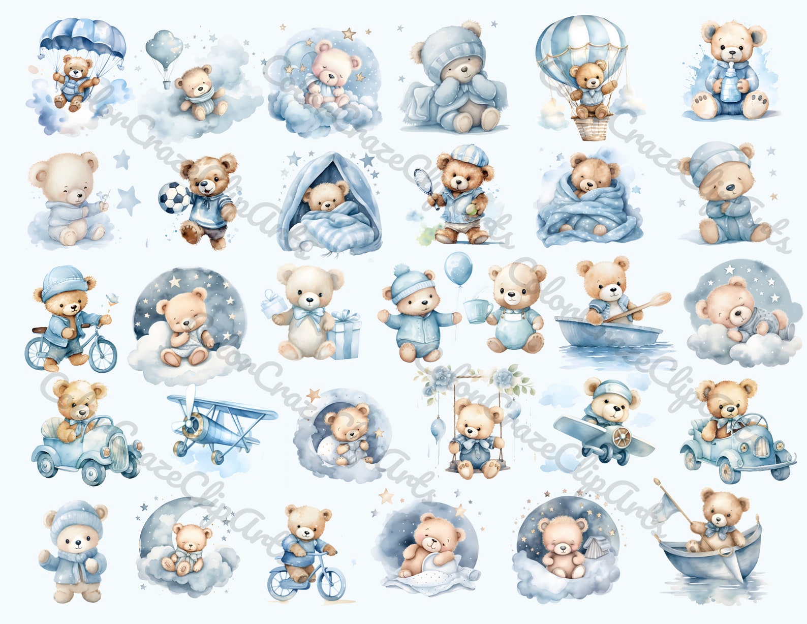 Blue Teddy Bear Clipart, Baby Shower Clip Art, Sleepy Teddy Bears, Cute ...