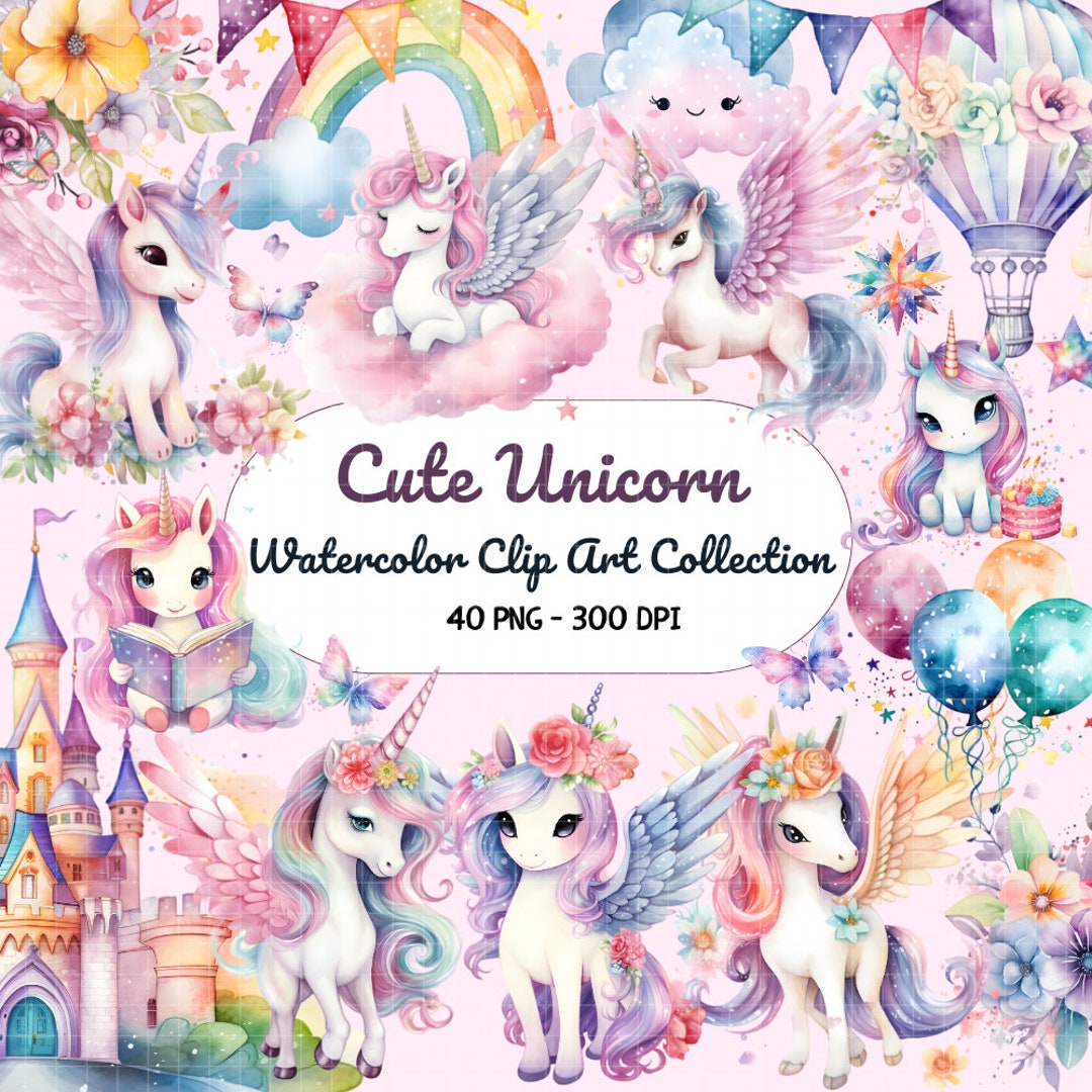 Watercolor Cute Unicorn Clipart Bundle, Watercolor Unicorn PNG, Cute ...
