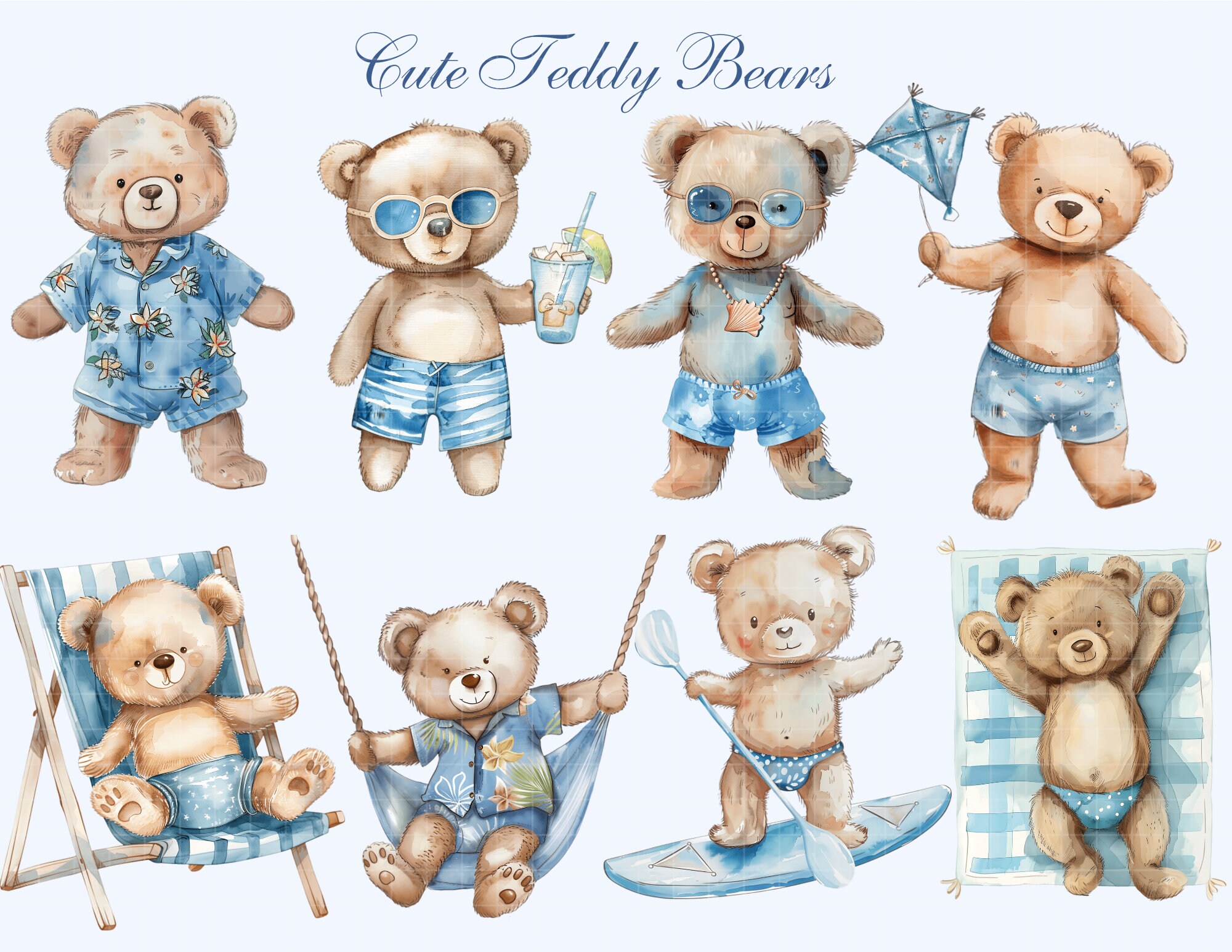 Watercolor Summer Blue Teddy Bear Clipart, Beach Baby Bear Clipart ...