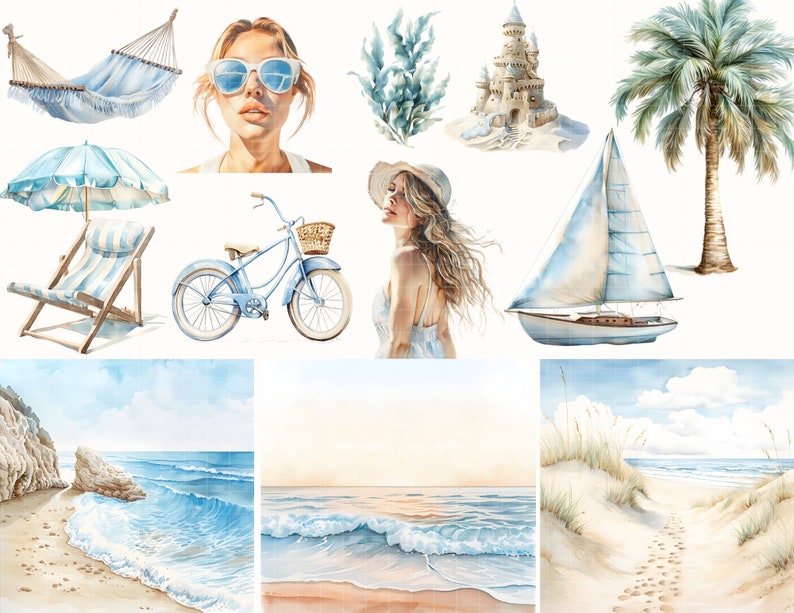 Watercolor Summer Clipart, Ocean Clipart, Beach Holiday Clipart, Beach ...