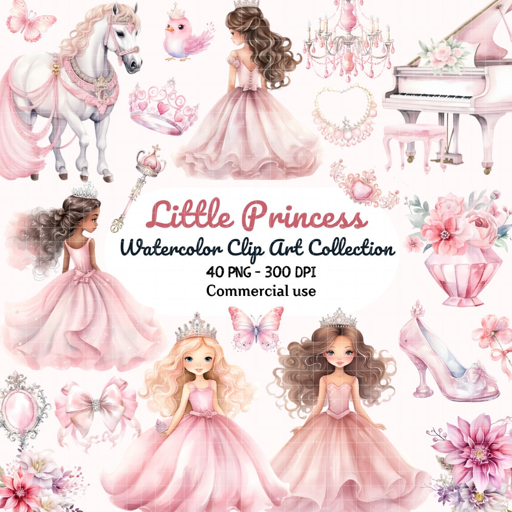 Watercolor Pink Princess Clipart, Little Princess Clipart, Fairytale ...