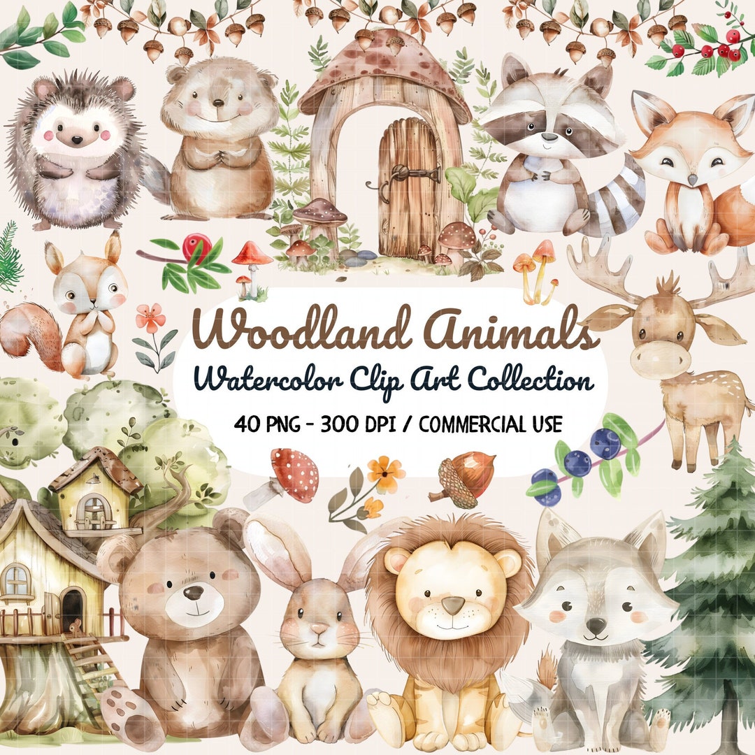 Woodland Animals Watercolor Clipart, Baby Shower Clipart, Bunny Rabbit ...