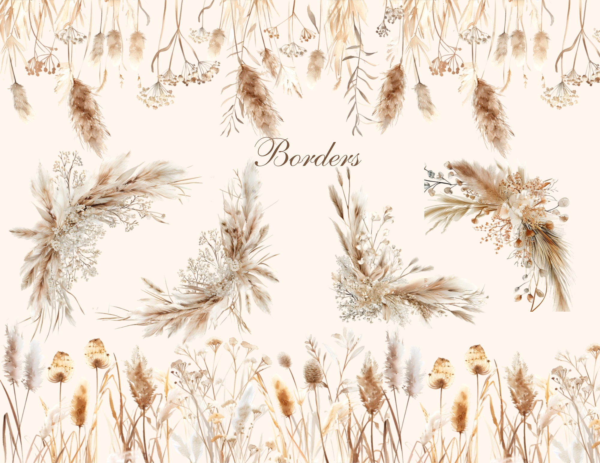 Pampas Grass Clipart, Boho Floral Clipart, Watercolor Pampas Grass PNG ...