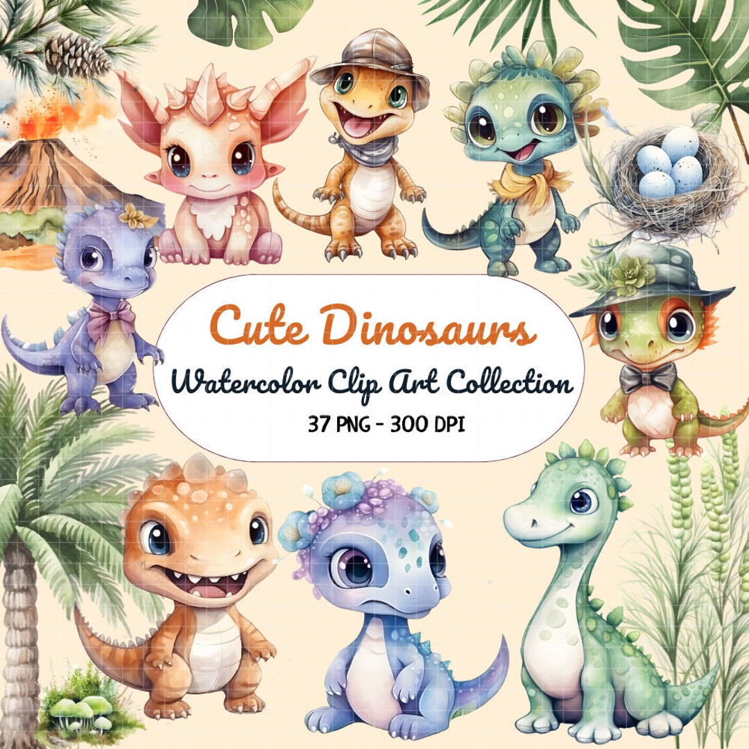 Watercolor Dinosaur Clipart, Cute Dinosaurs Clipart, Baby Dinosaur ...
