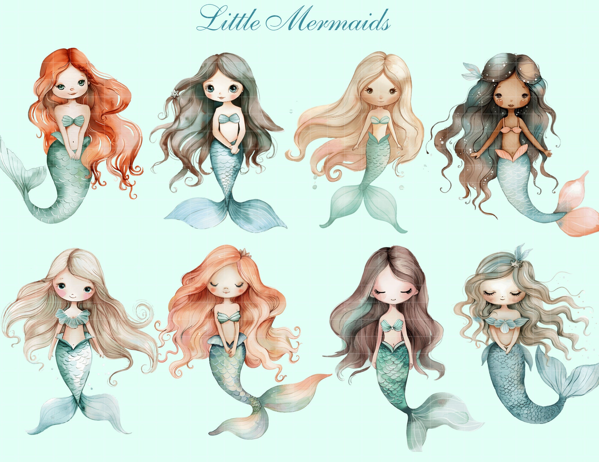 Watercolor Little Mermaid Clipart, Little Sea Babies, Under Sea Clipart ...
