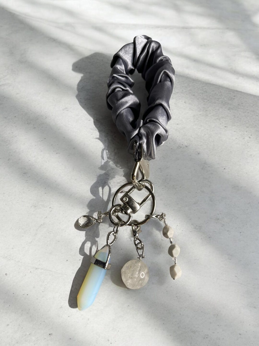 Grey Scrunchy Key Chain With Beads - Etsy