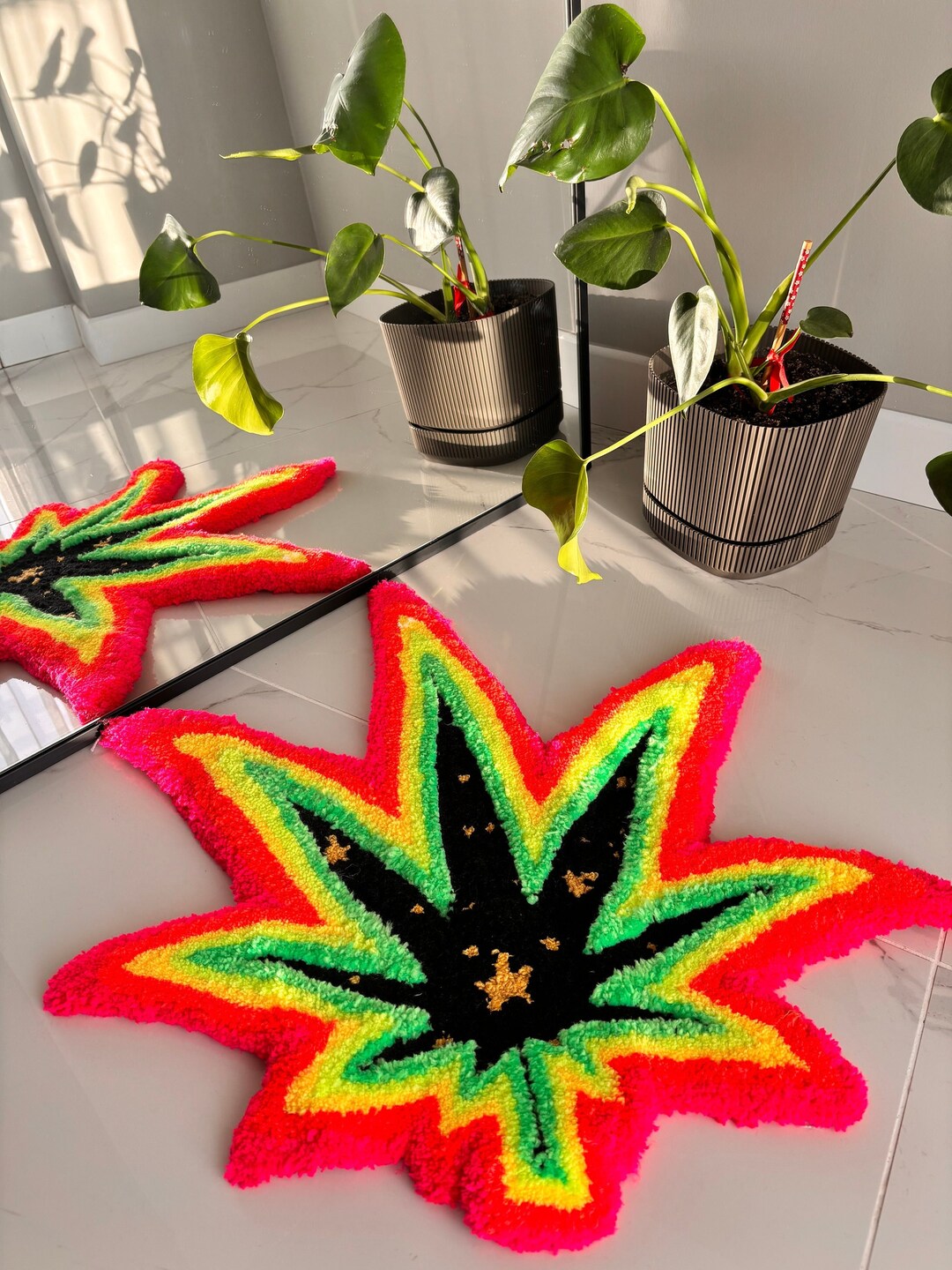 Neon Hemp Leaf Shaped Handmade Fluffy Tufted Rug - Etsy