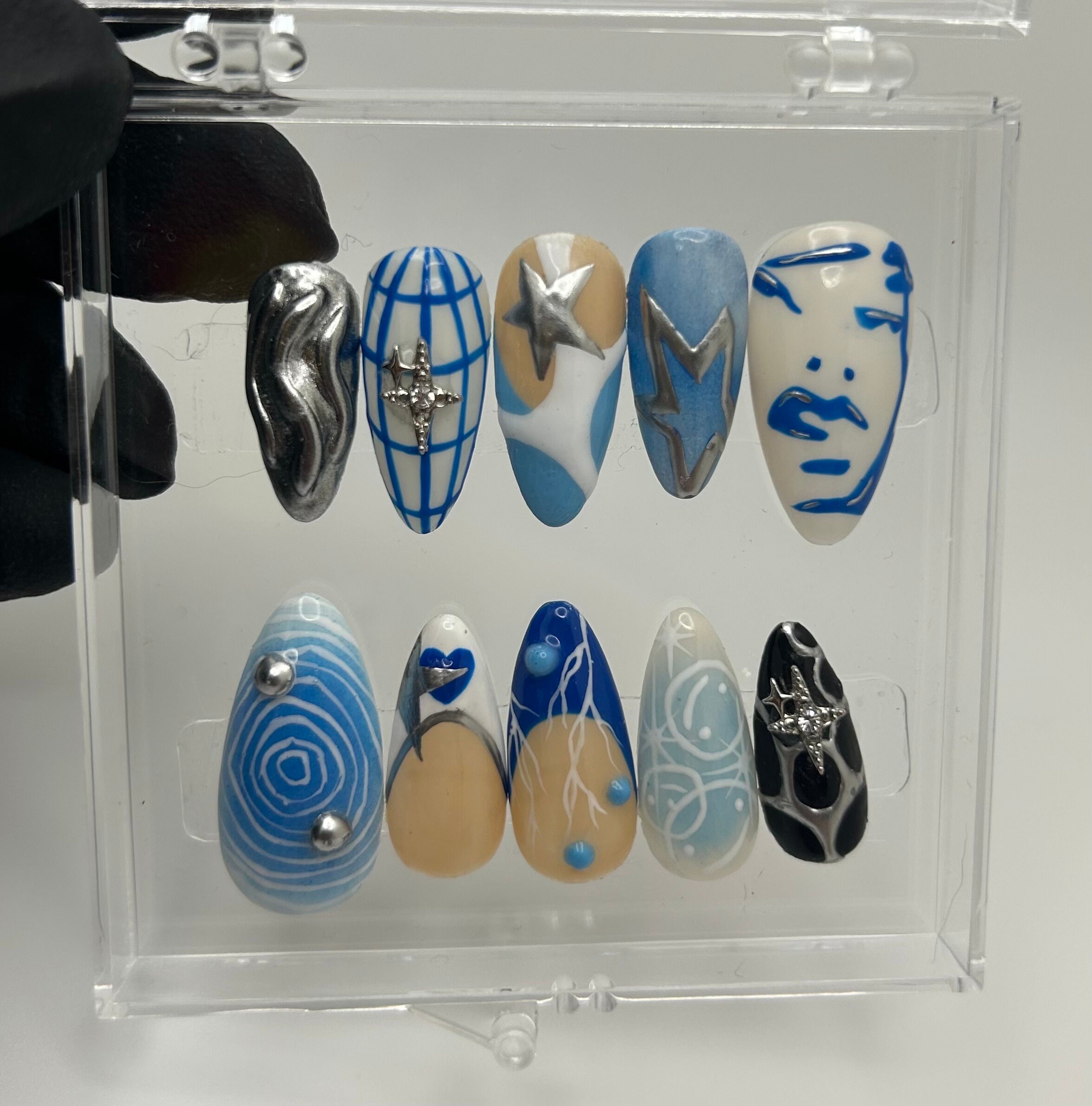 Blue Cyber Y2k Press on Nails Custom Press on Nails With Charms and ...