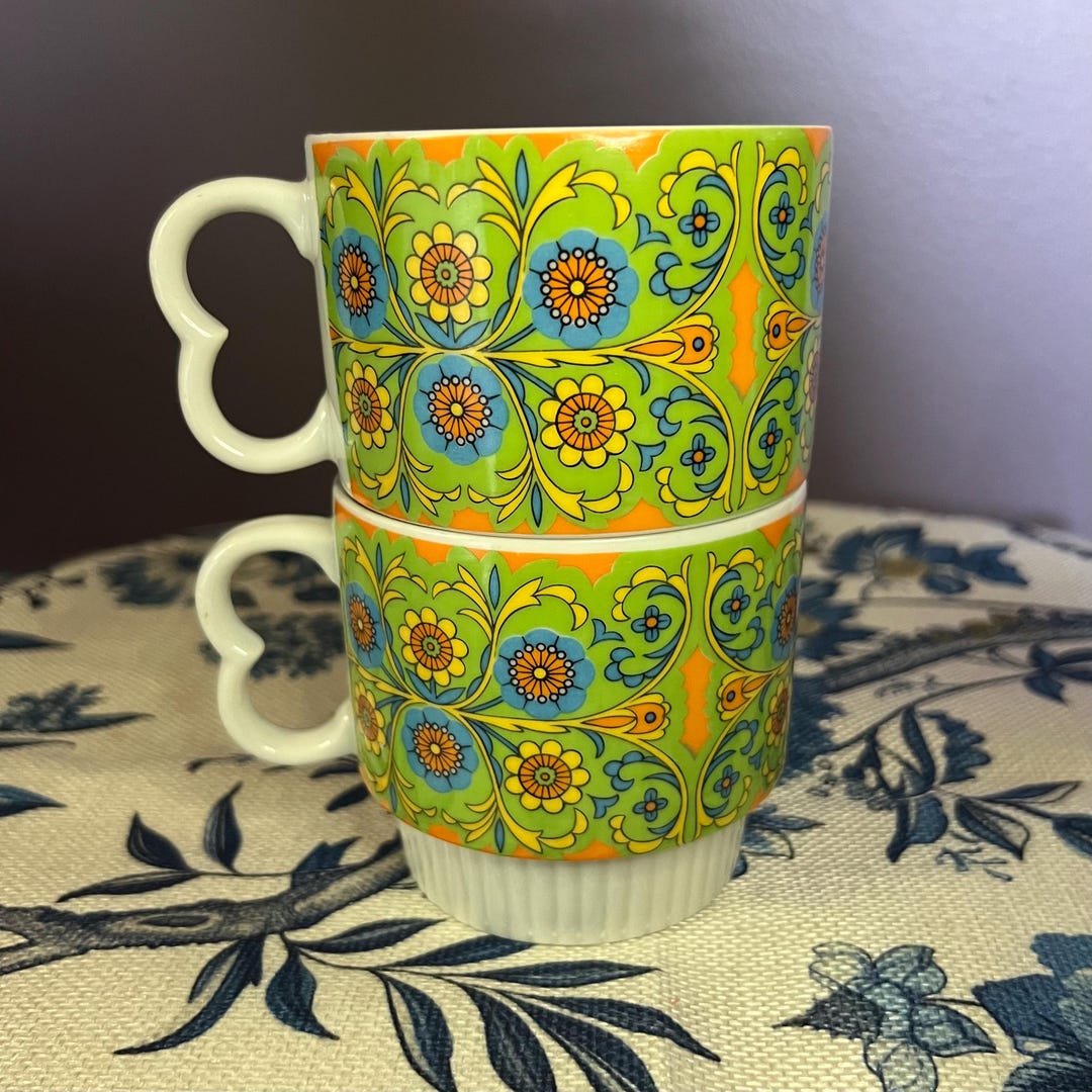 Set of 2 Vintage MCM Flower Power Green Blue Orange and Yellow Stacking ...